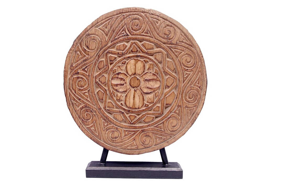 Handcarved Wooden Tabletop Mandala Circle Disk on Stand Indonesian ...