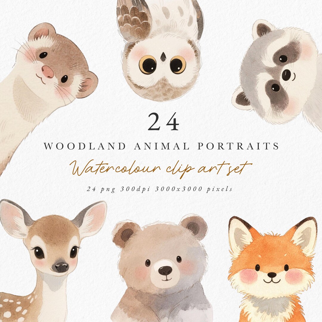 Woodland Watercolour Animal Portraits Clip Art Set, Boho Forest Animals ...