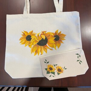 Canvas Tote With Matching Pouch, Hand Painted Sunflowers - Etsy