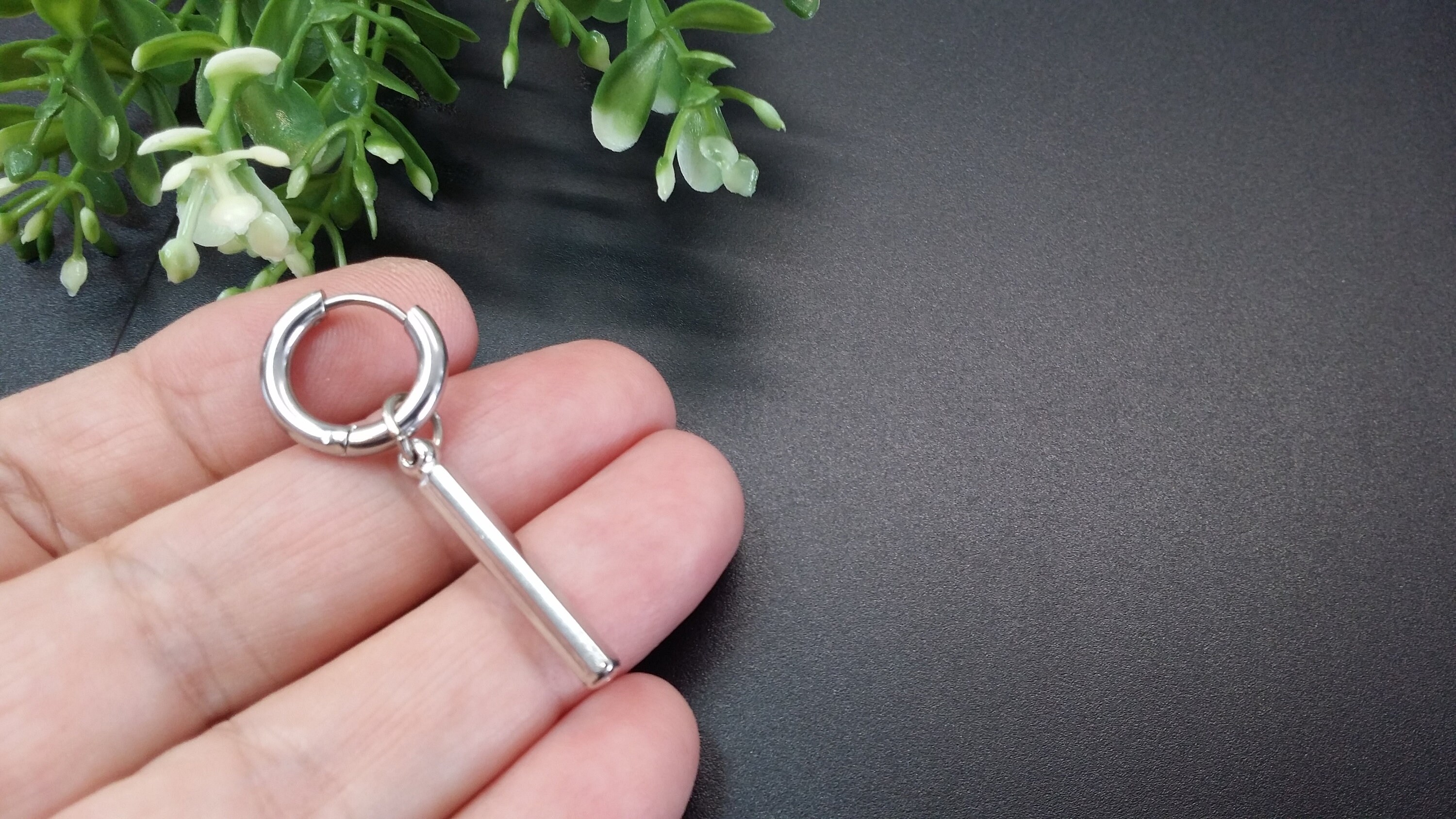 Silver stick hoop bar hoop unisex short men bar hoop men hoop | Etsy