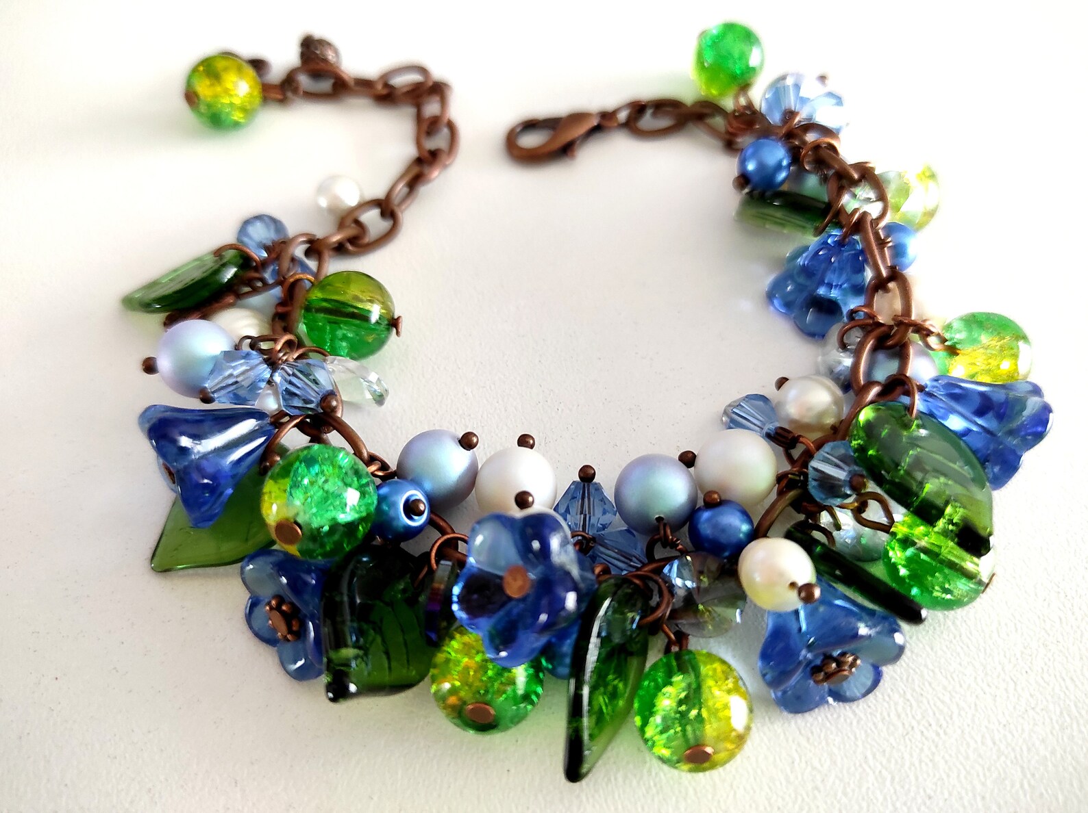 Blue Charm Bracelet, Boho Flower Bracelet, Flower Jewelry, Pearls ...