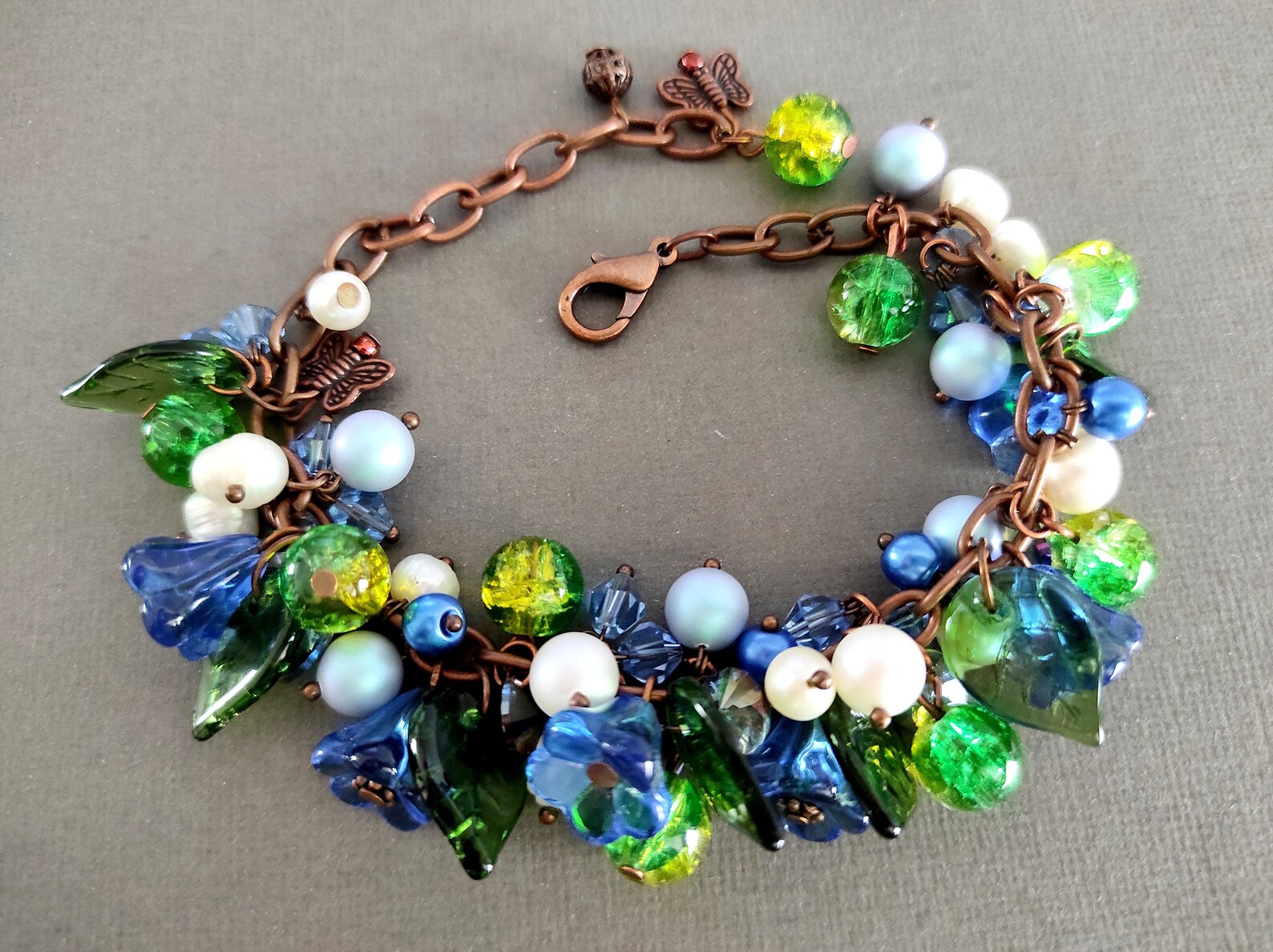 Blue Charm Bracelet, Boho Flower Bracelet, Flower Jewelry, Pearls ...