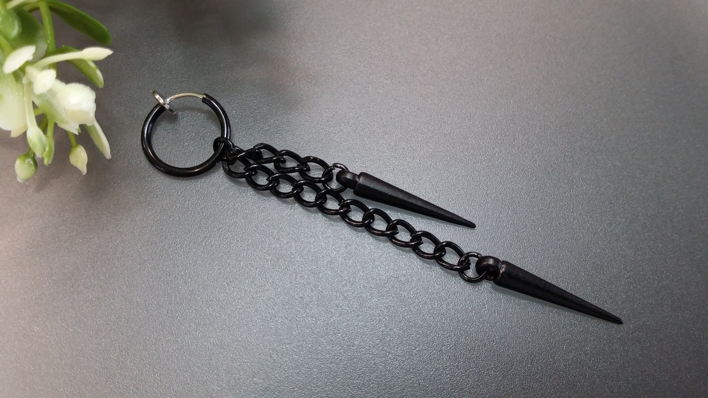 Black spike clip-on two spike earring long spike earring chain | Etsy