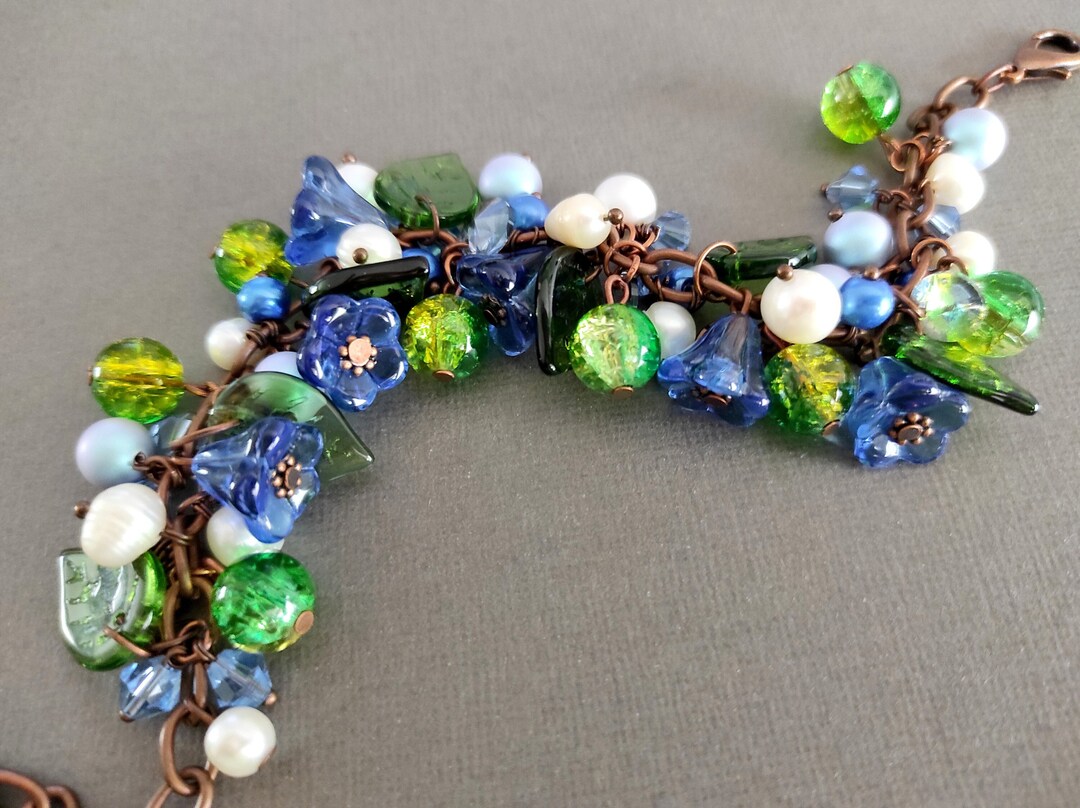 Blue Charm Bracelet, Boho Flower Bracelet, Flower Jewelry, Pearls ...