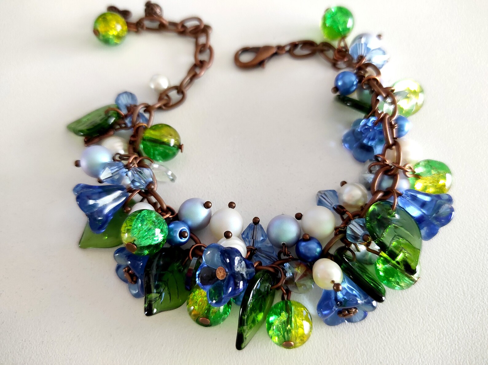 Blue Charm Bracelet, Boho Flower Bracelet, Flower Jewelry, Pearls ...