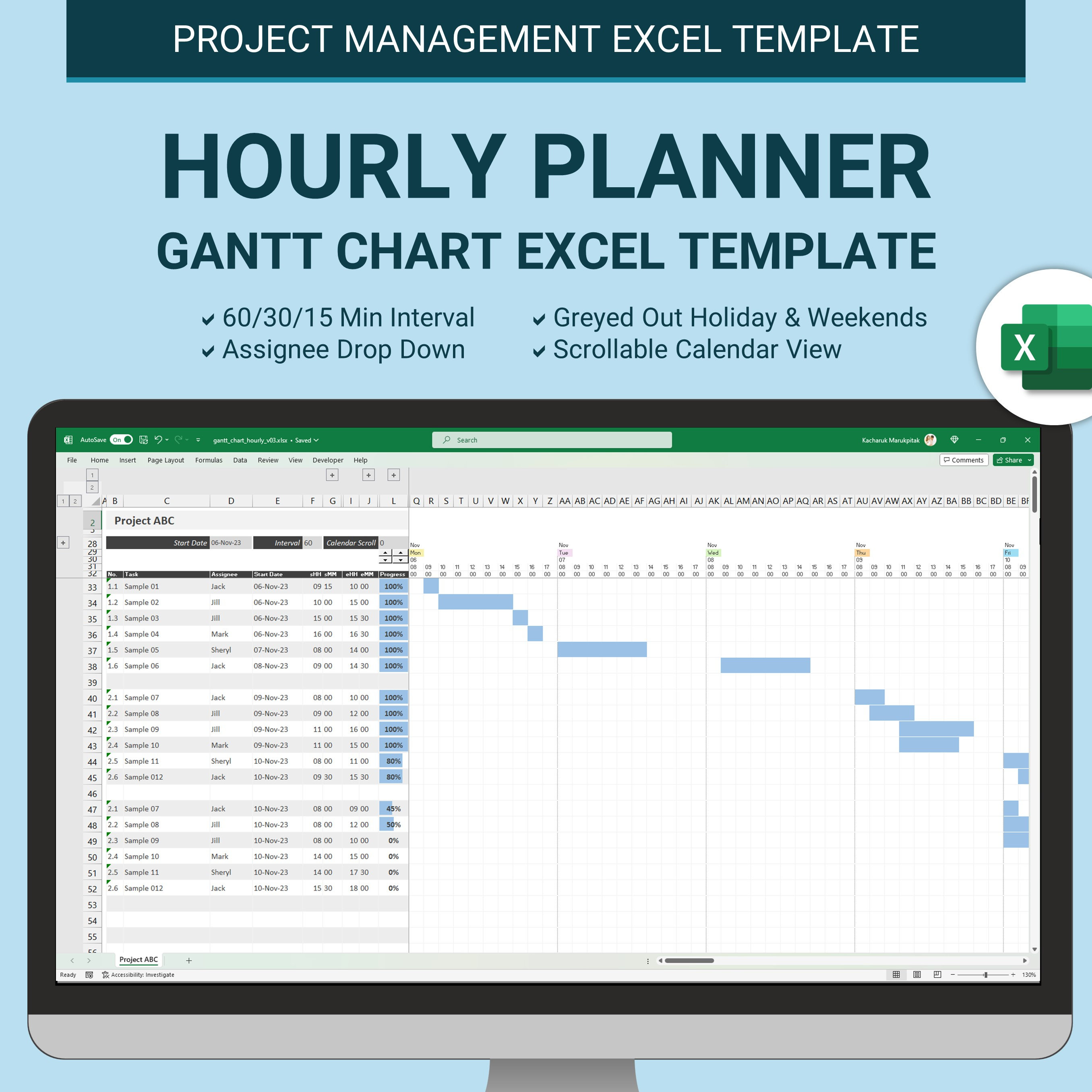 Project Management Hourly Schedule Template, Gantt Chart Excel Template ...