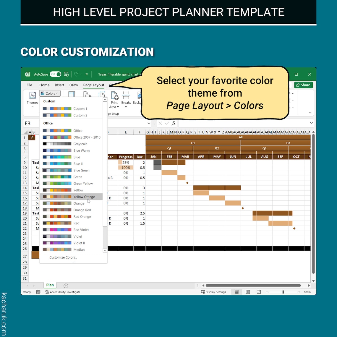 Filterable Excel Gantt Chart | High-level Project Planner Spreadsheet ...