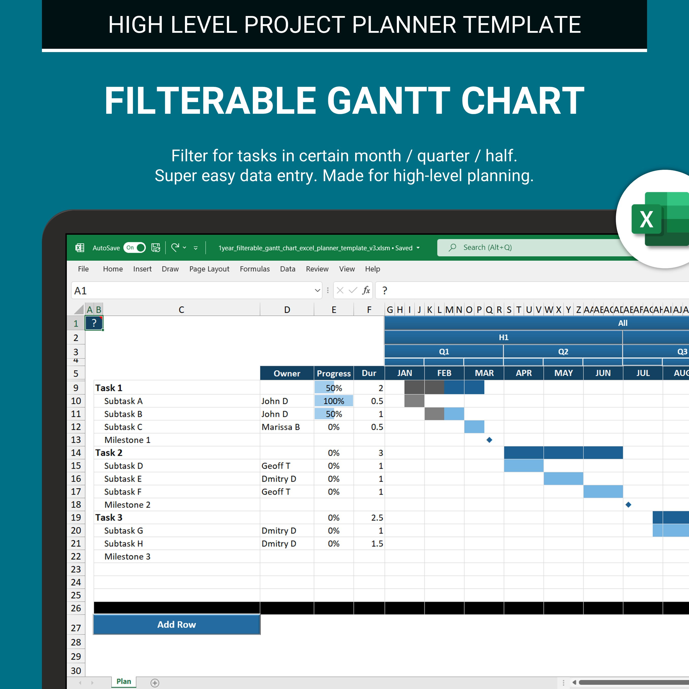 Filterable Excel Gantt Chart High Level Project Planner Spreadsheet Macro Enabled Template