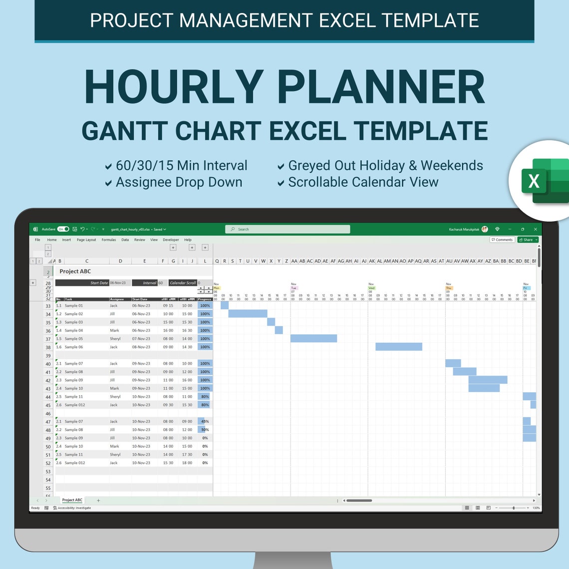 Hourly Planner Gantt Chart Excel Template: Project Management ...