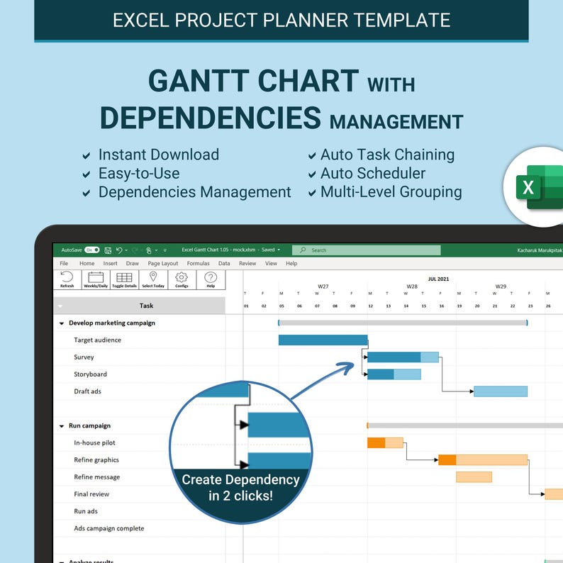 Automated Gantt Chart Excel Template: Project Timeline & Dependencies ...