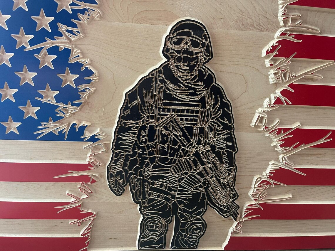 Soldier Flag, Wooden United States Flag With Soldier, Tattered US Flag ...