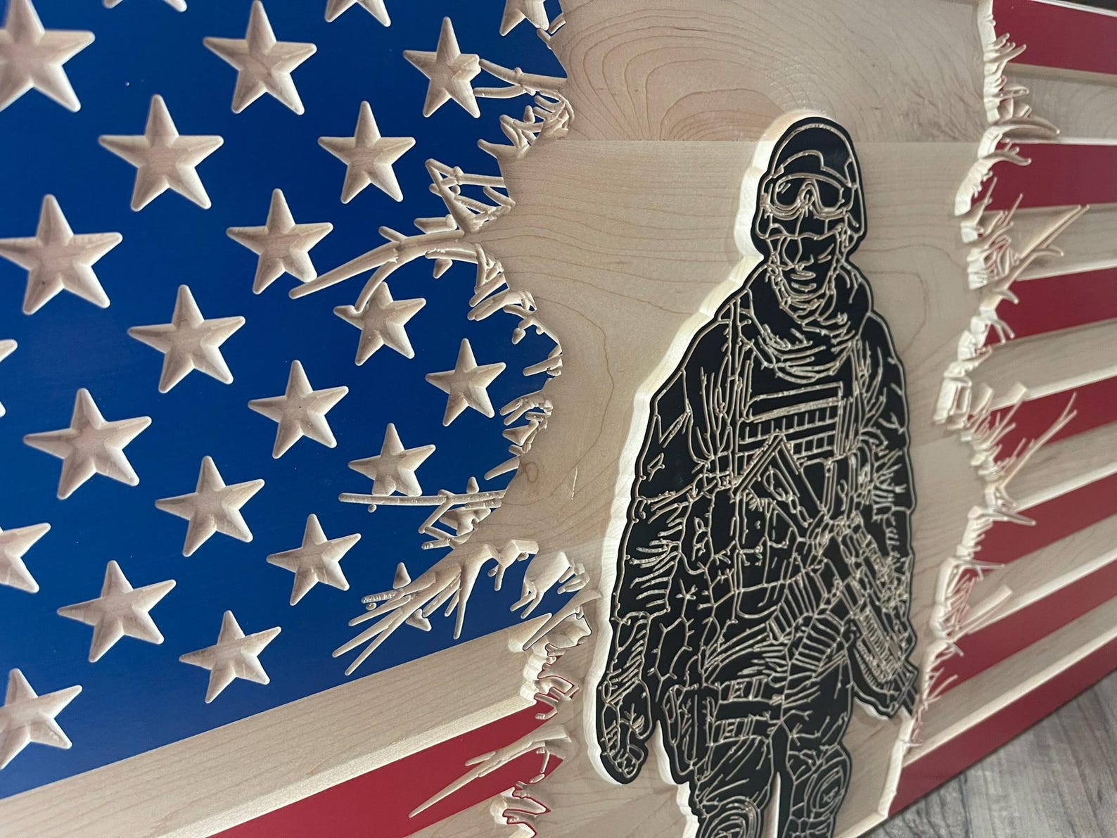 Soldier Flag, Wooden United States Flag With Soldier, Tattered US Flag ...