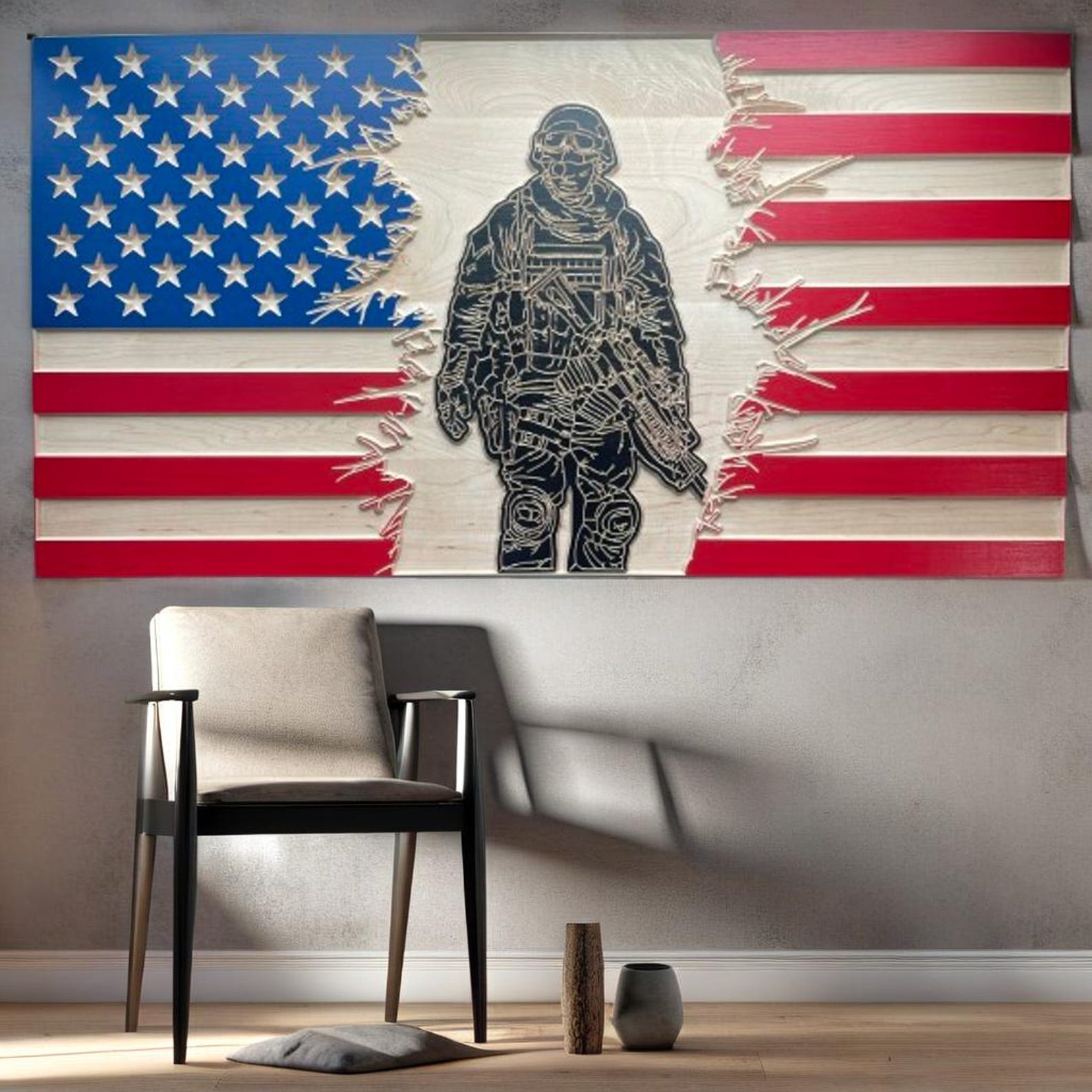 Soldier Flag, Wooden United States Flag With Soldier, Tattered US Flag ...