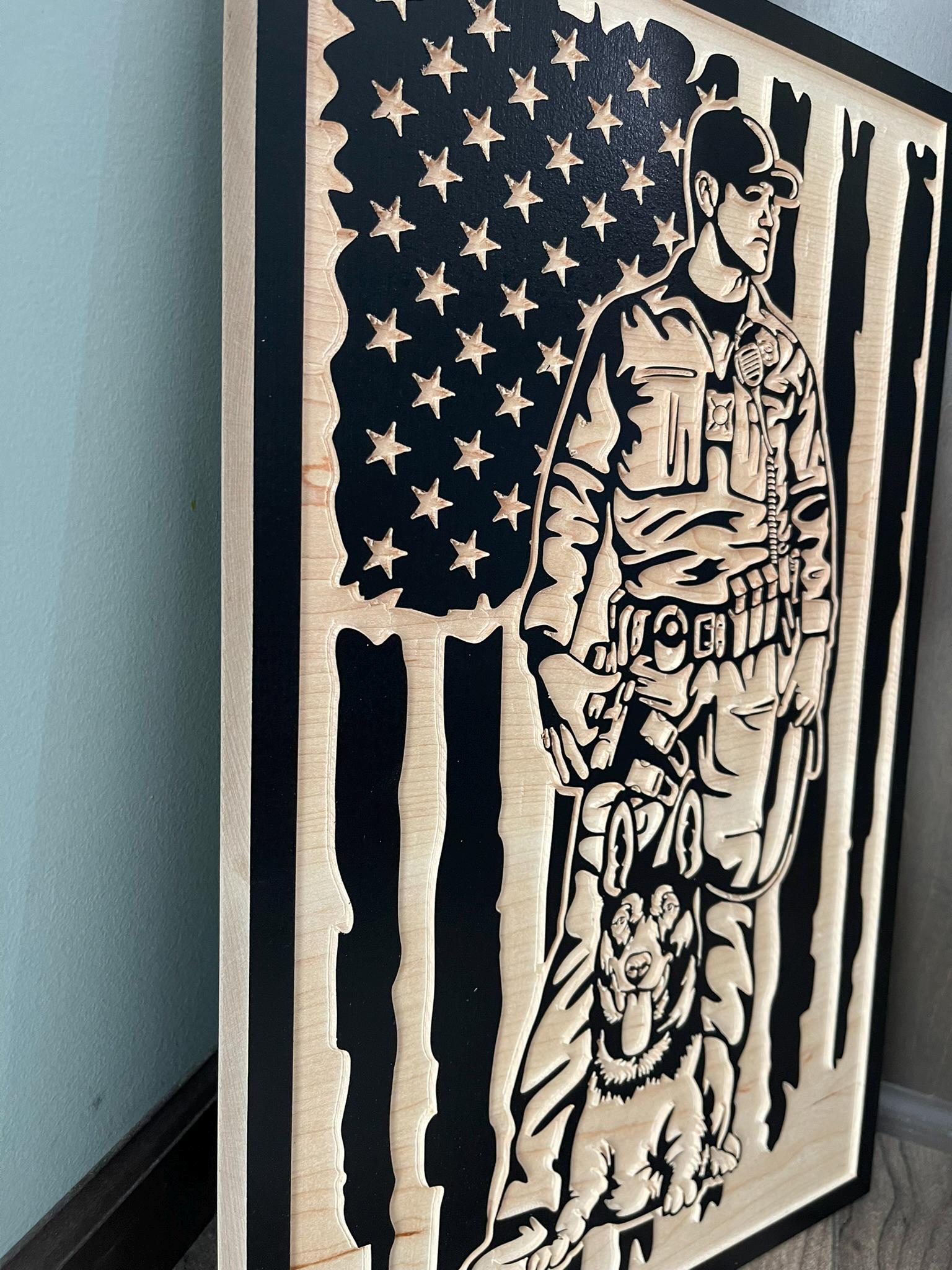 K9 Flag, Wooden United States Flag With Officer & K9, Military Working ...