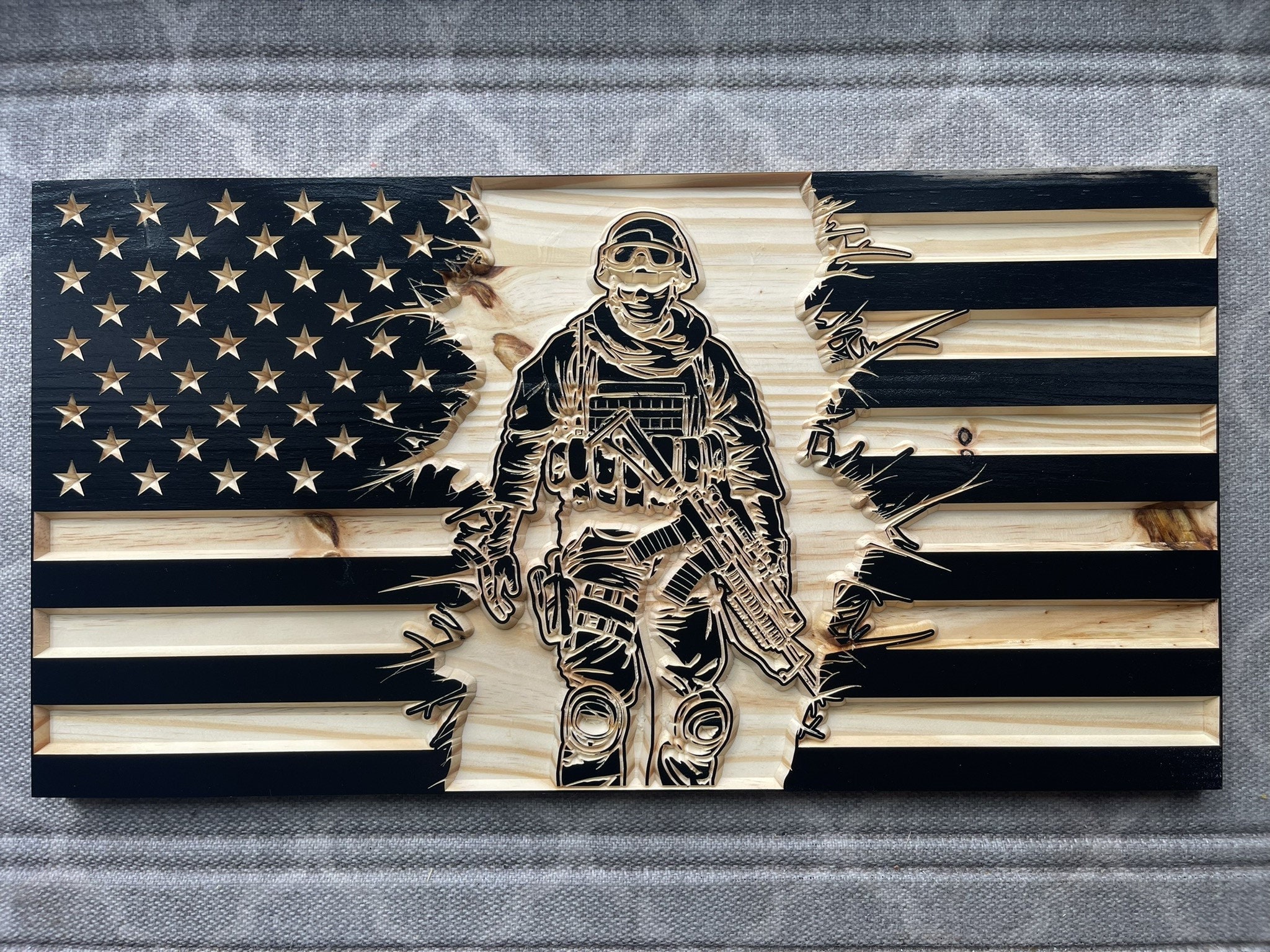 Soldier Flag, Wooden United States Flag With Soldier, Tattered US Flag ...