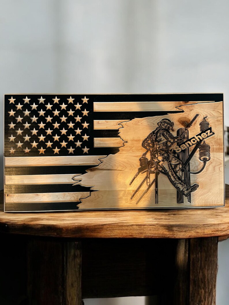 Handmade Wooden US Flag With Lineman - Tattered Flag - Etsy