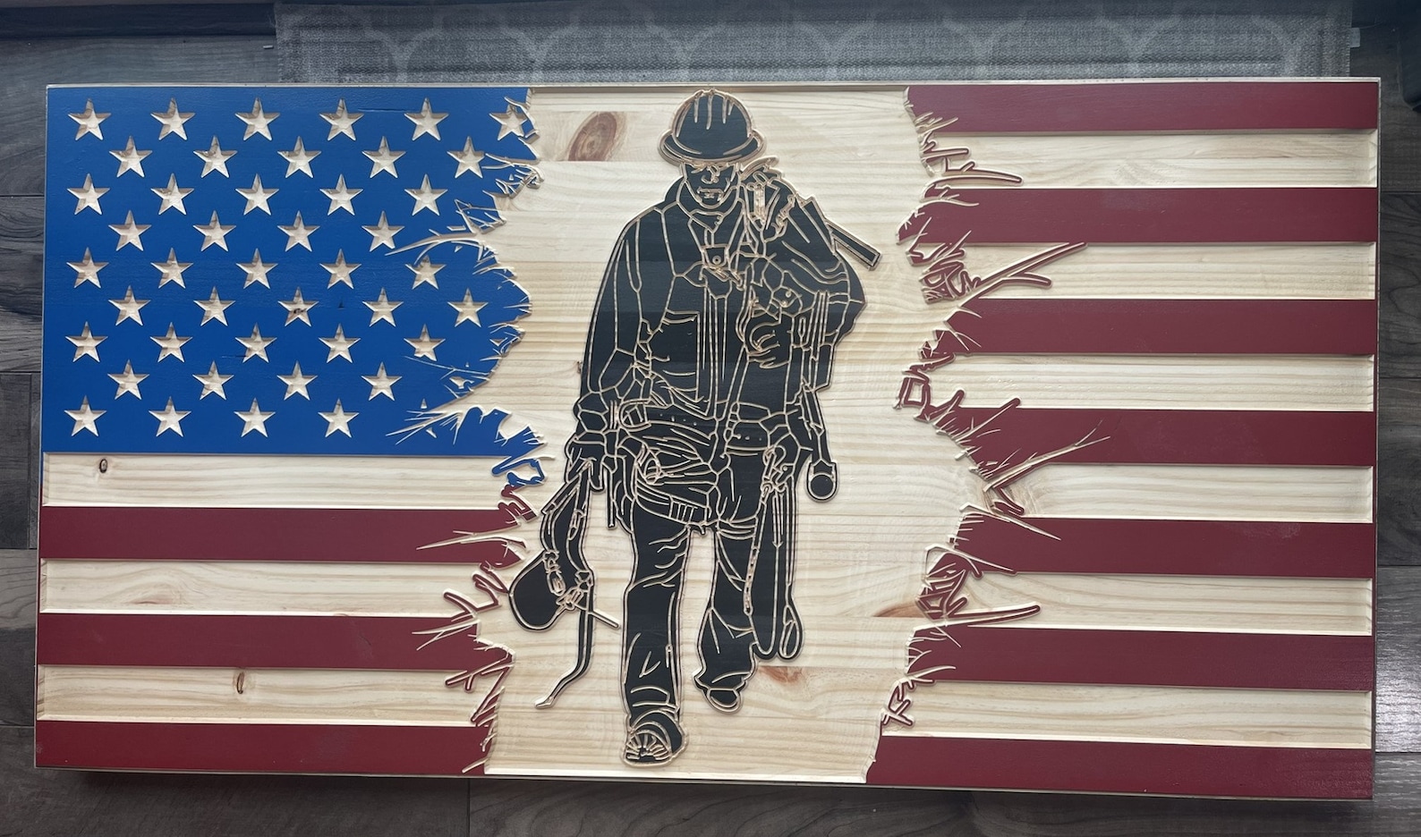 Lineman Wooden US Flag: Tattered American Flag, Powerline Worker Gift ...