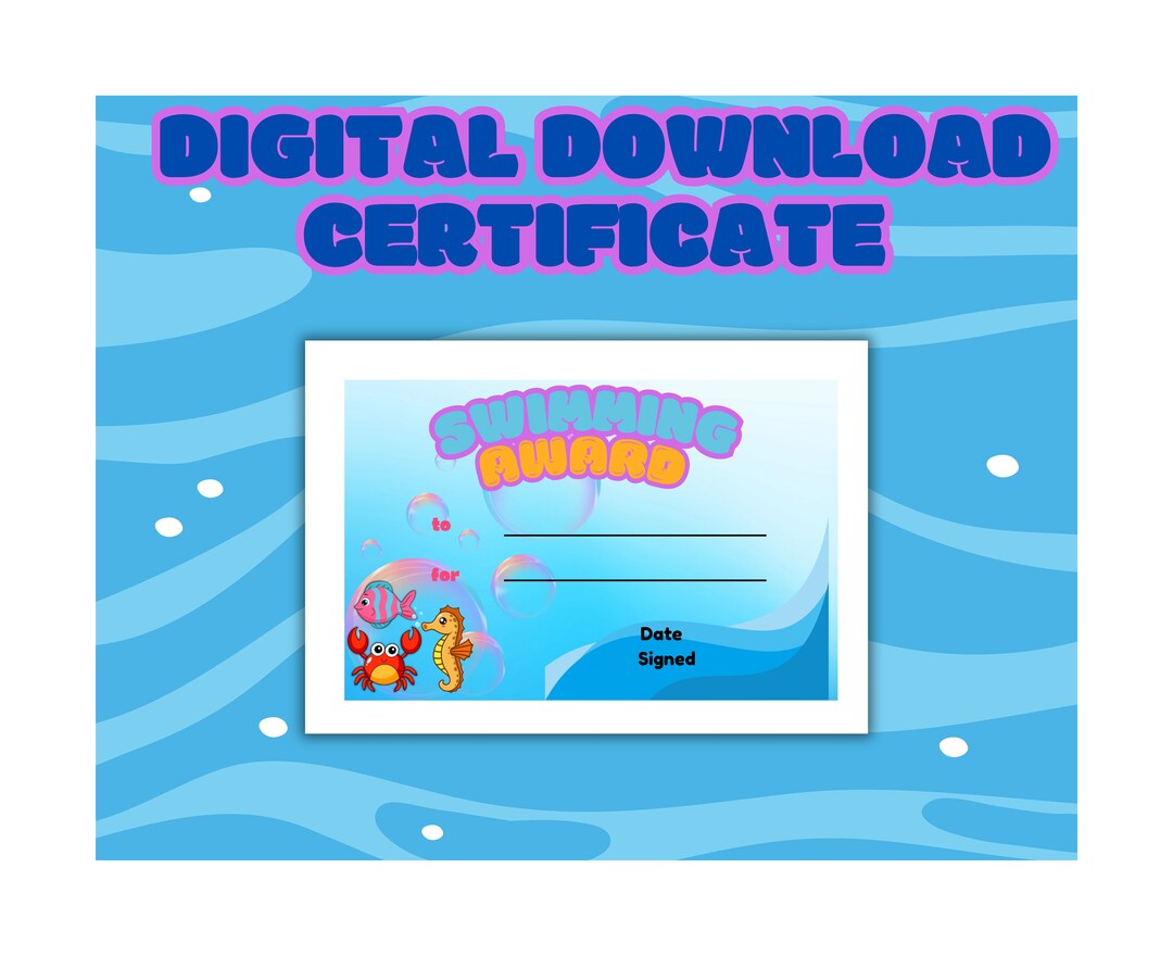 Printable Swim Certificate, Digital Download, Swimming Award, Swimming ...