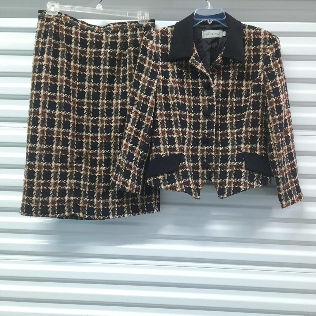 Vintage Howard Wolf Skirt Suit Women's 12 Black Plaid Boucle Textured ...