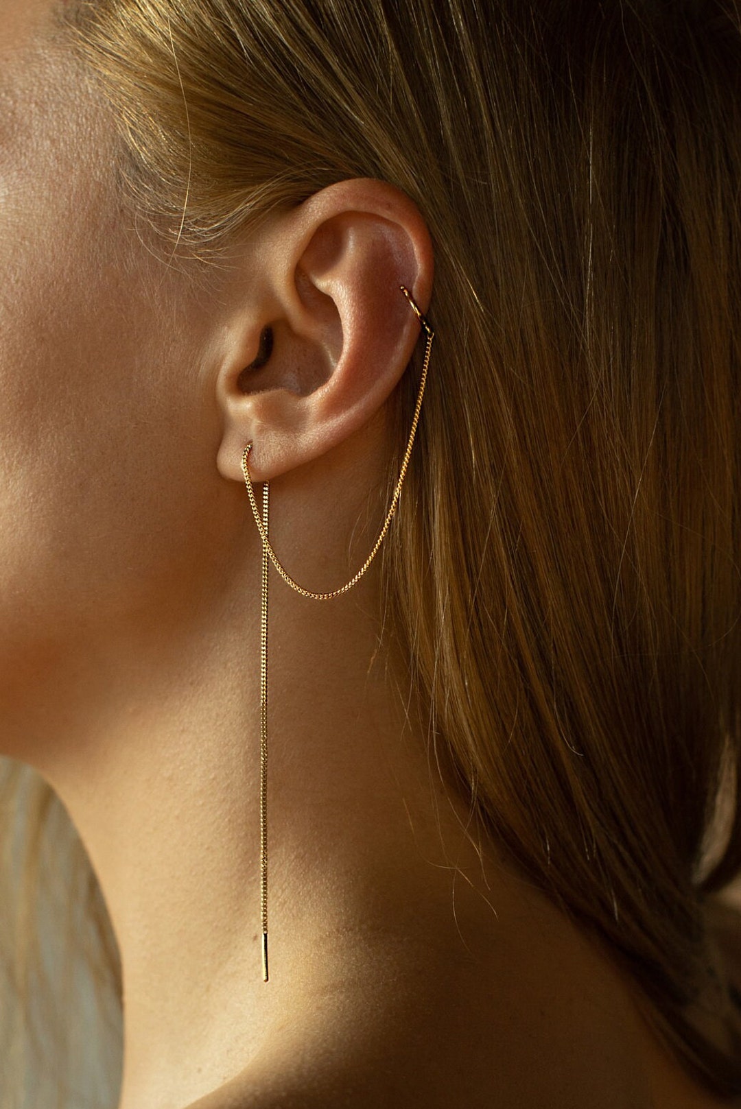 Elegant Gold Plated Ear Cuff Chain Earrings Stylish Minimalist Jewelry ...