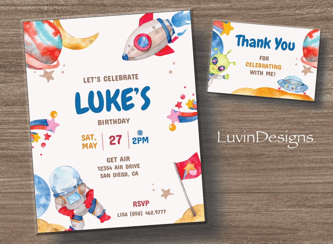 Space Birthday Invitation/ Birthday Invitation/ Thank You Card/ Space ...