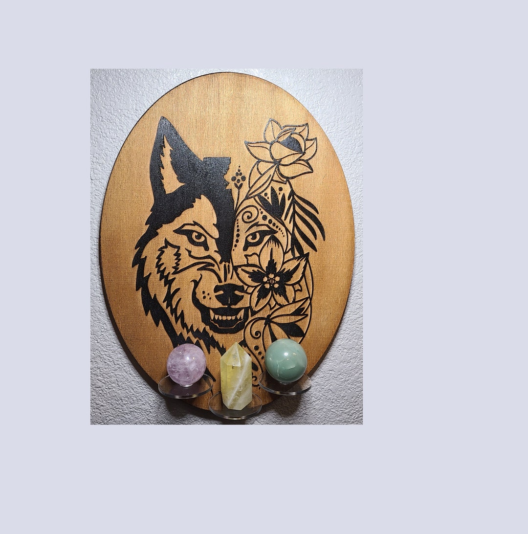 Black Zentangle Wolf Rose Crystals Display Shelf Laser Engraved Wall ...
