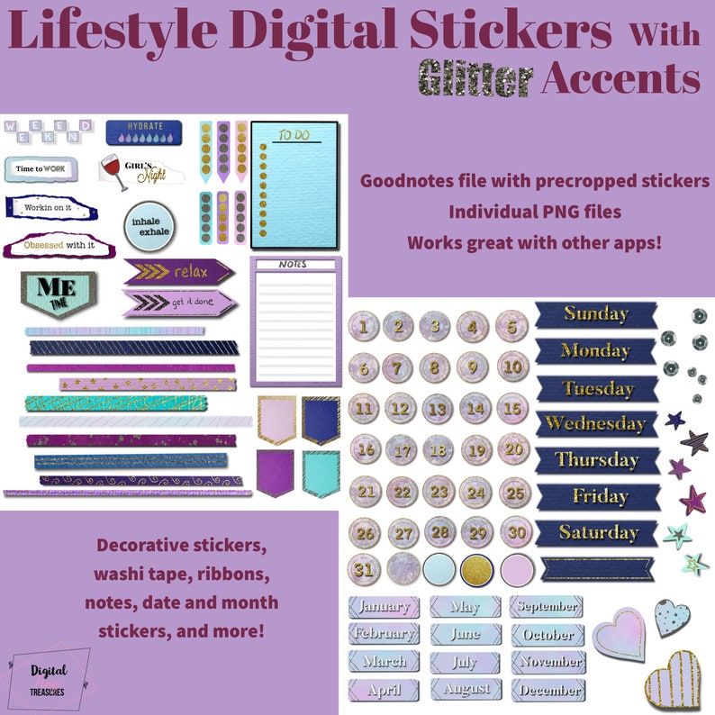 Lifestyle Digital Planner Stickers Glitter for Goodnotes,onenotewashi ...