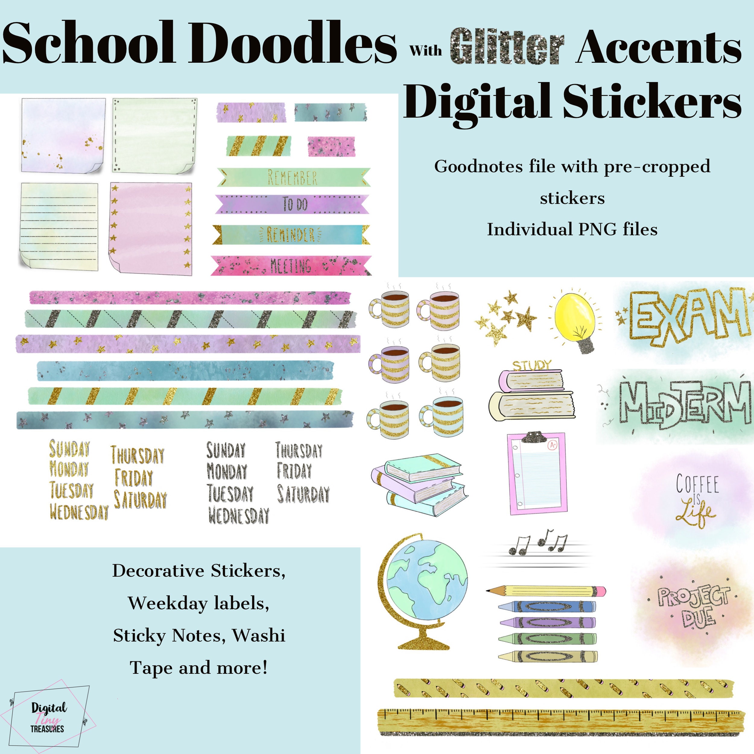 Hand Drawn School Doodles W/ Glitter Digital Planner Stickers - Etsy