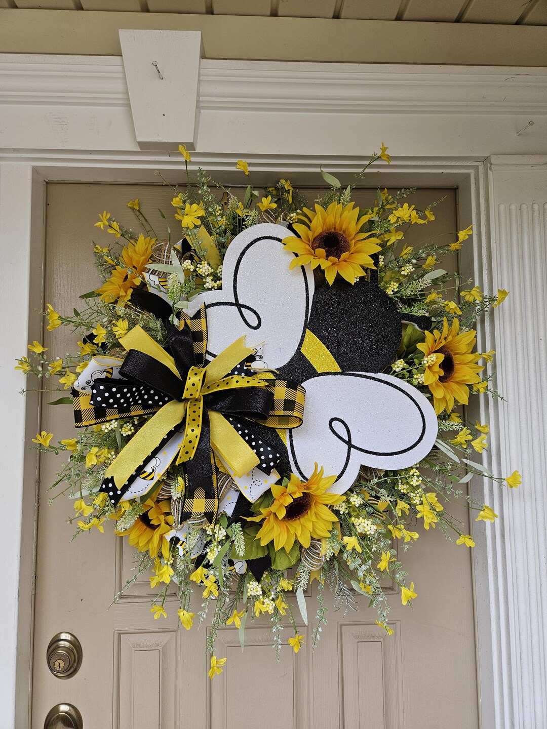 Bee Wreath for Front Door, Sunflower Wreath With Bow, Bumblebee Summer ...