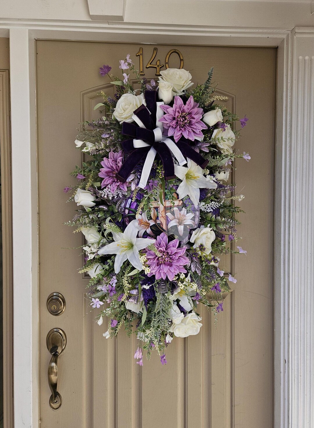 Religious Easter Door Swag Purple and White Floral Cross Wreath ...