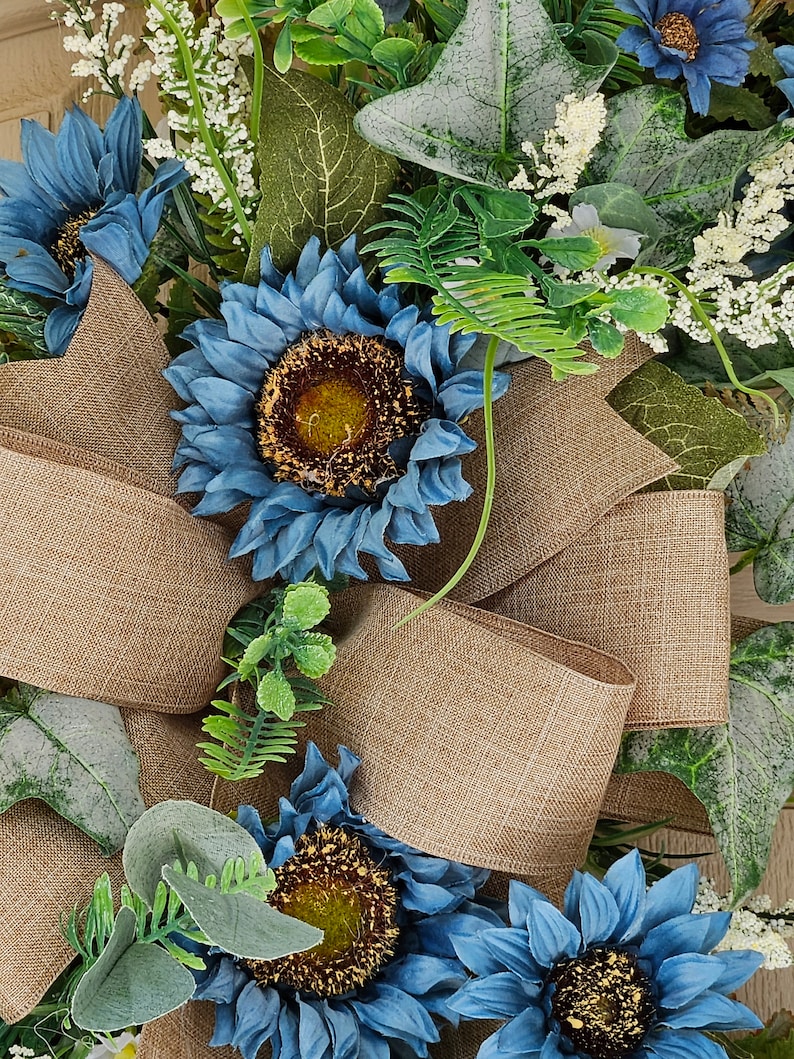 Smoke Blue Sunflower Wreath, Rustic Grapevine Door Wreath With Burlap ...