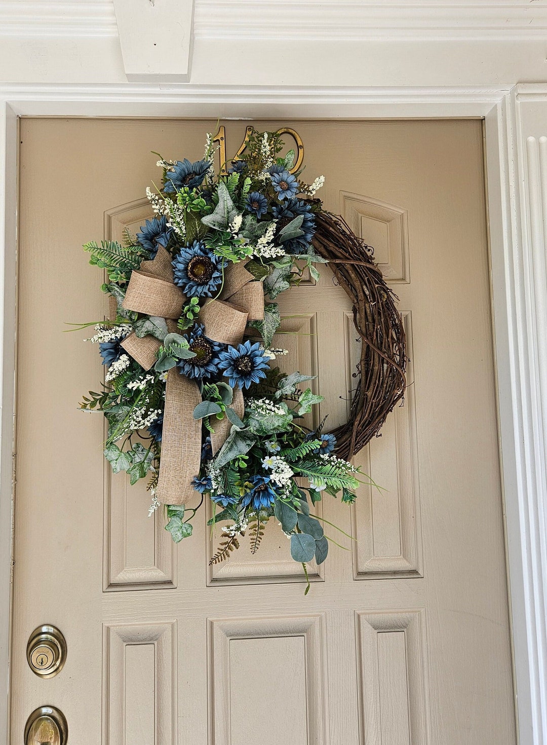 Smoke Blue Sunflower Wreath, Rustic Grapevine Door Wreath With Burlap ...