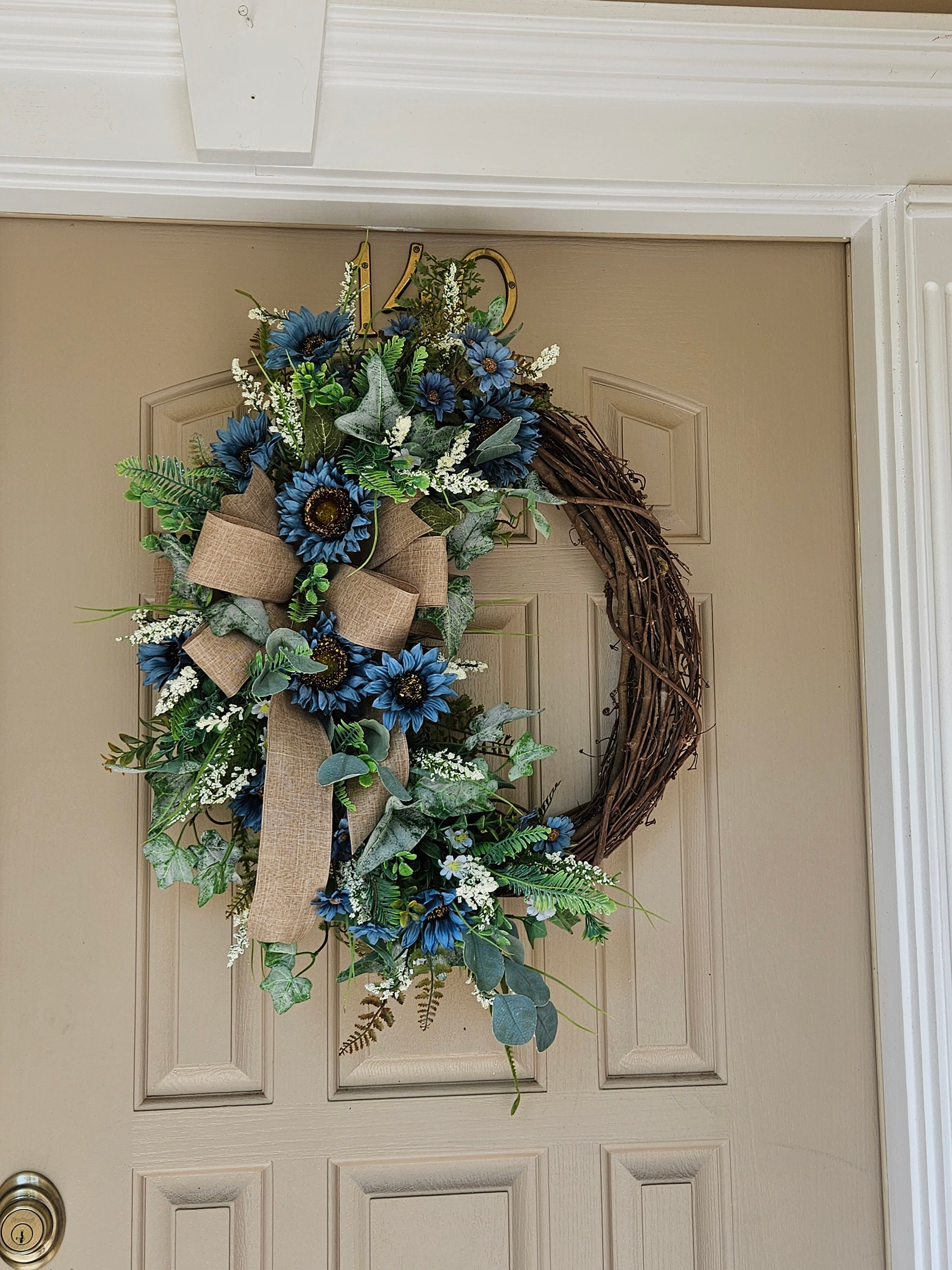 Smoke Blue Sunflower Wreath, Rustic Grapevine Door Wreath With Burlap ...