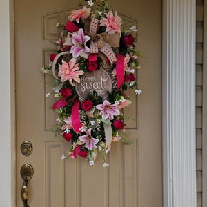 Handmade Home Sweet Home Double Door Swags, Floral Entryway Decor, Pink ...