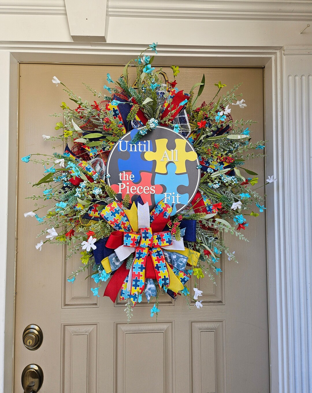 Autism Awareness Wreath 'until All the Pieces Fit' Puzzle Piece Door ...
