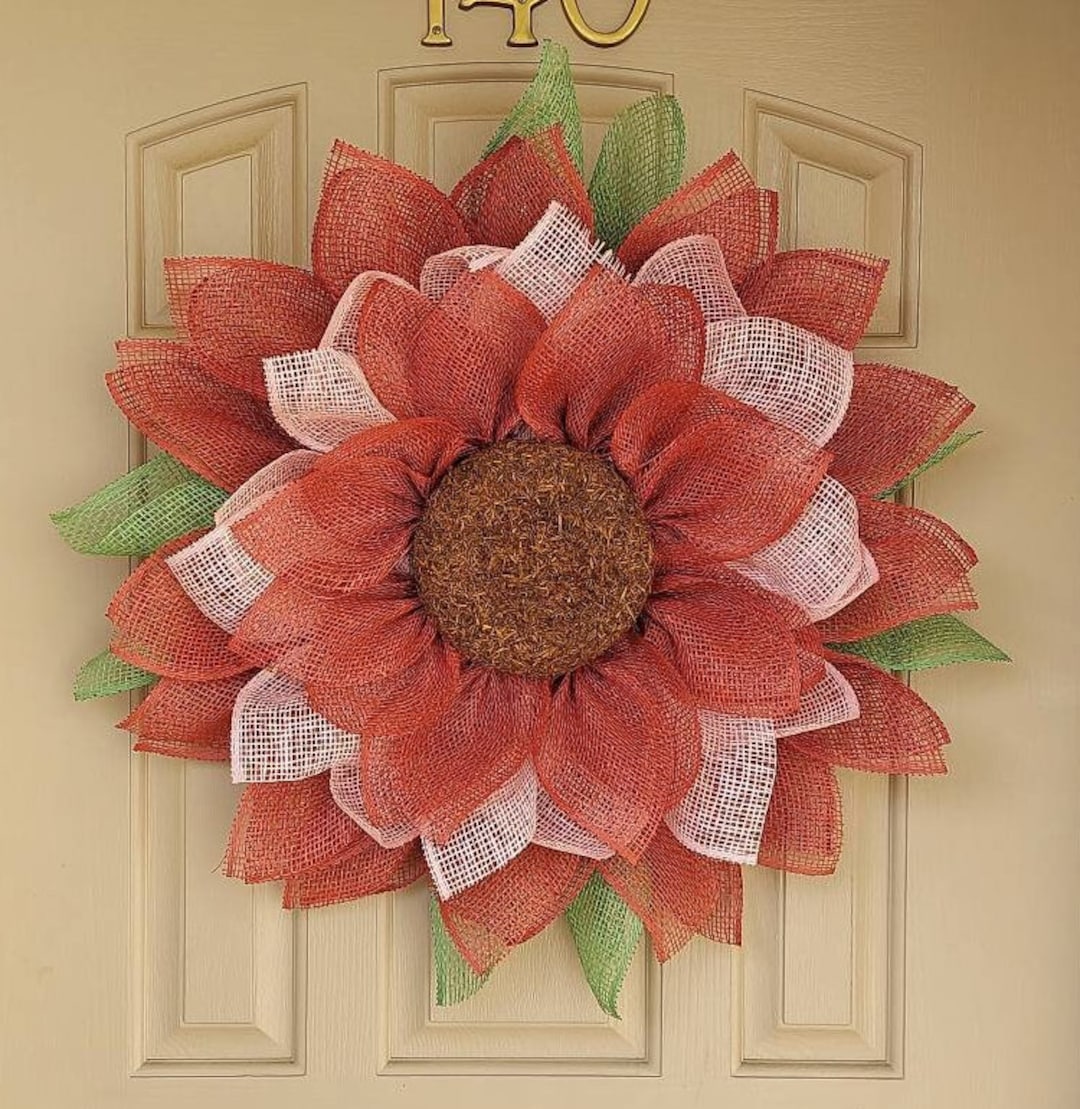 Handmade Burlap Flower Door Hanger, Pink and White Bloom With Green ...