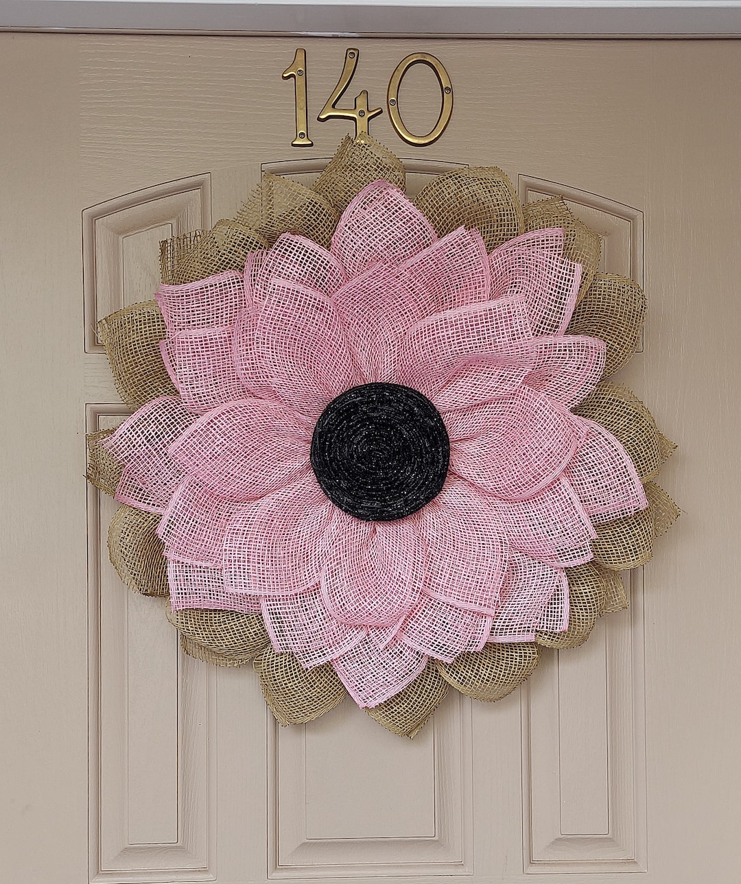 Handmade Burlap Flower Door Hanger With Pink Petals and Black Center ...