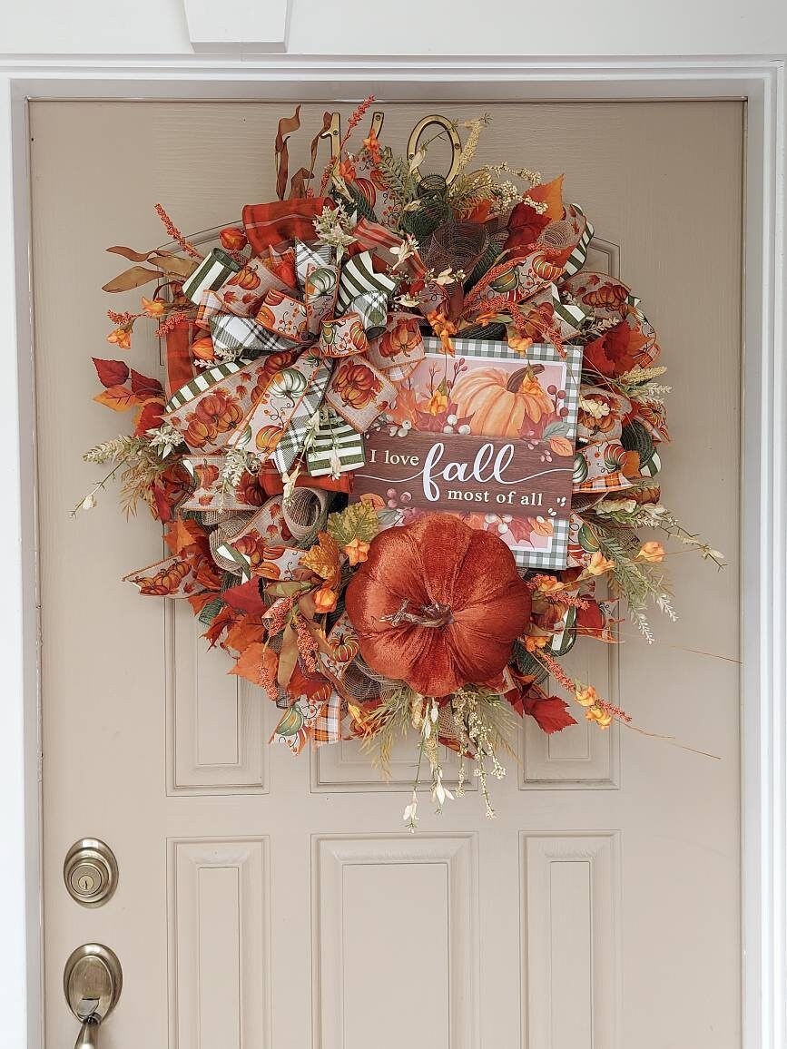 Fall Pumpkin Wreath, Front Door Decor, Autumn Door Hanger, Farmhouse ...