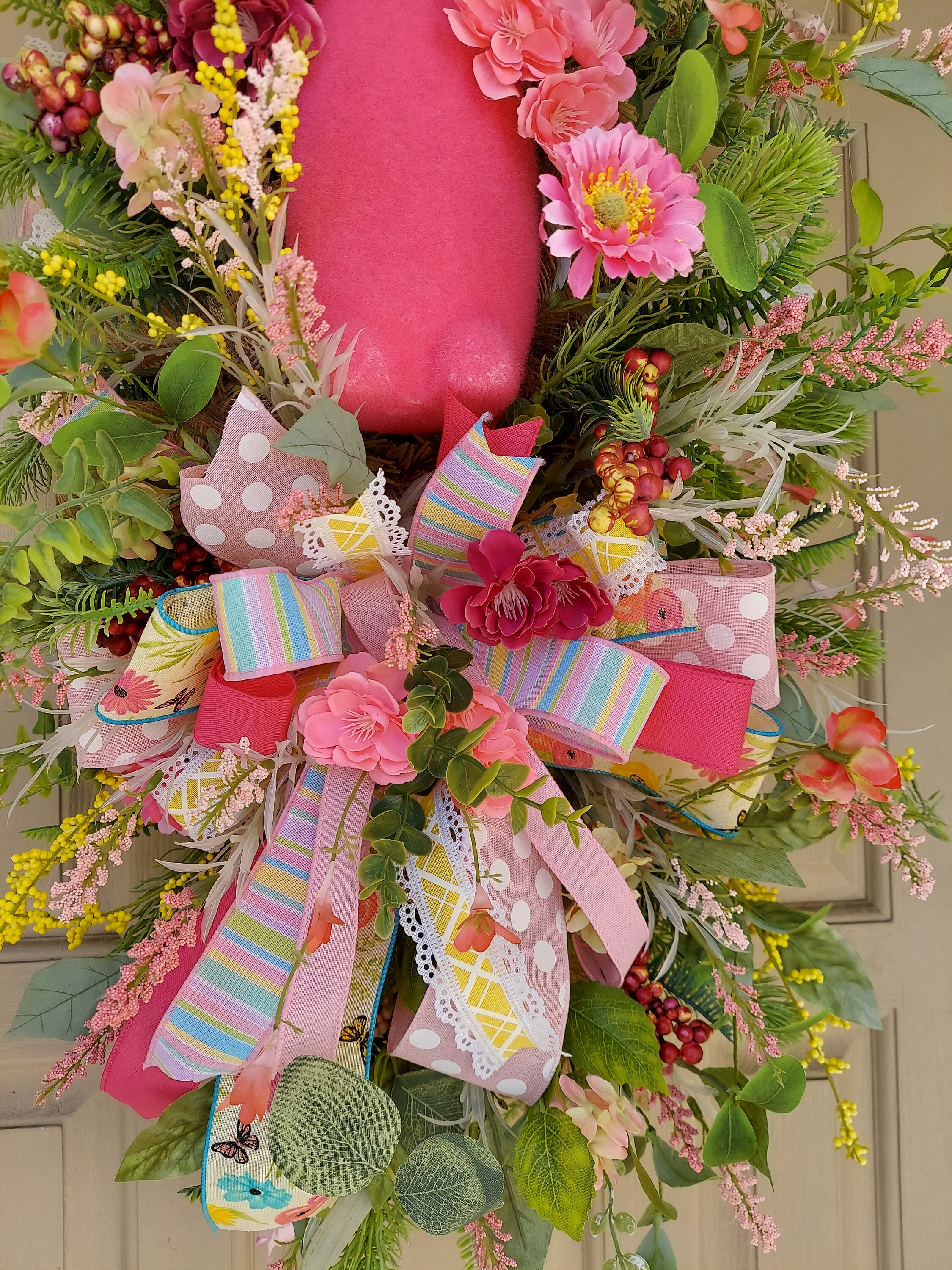Hot Pink Easter Bunny Swag, Front Door Decor, Fuzzy Bunny Door Hanger ...