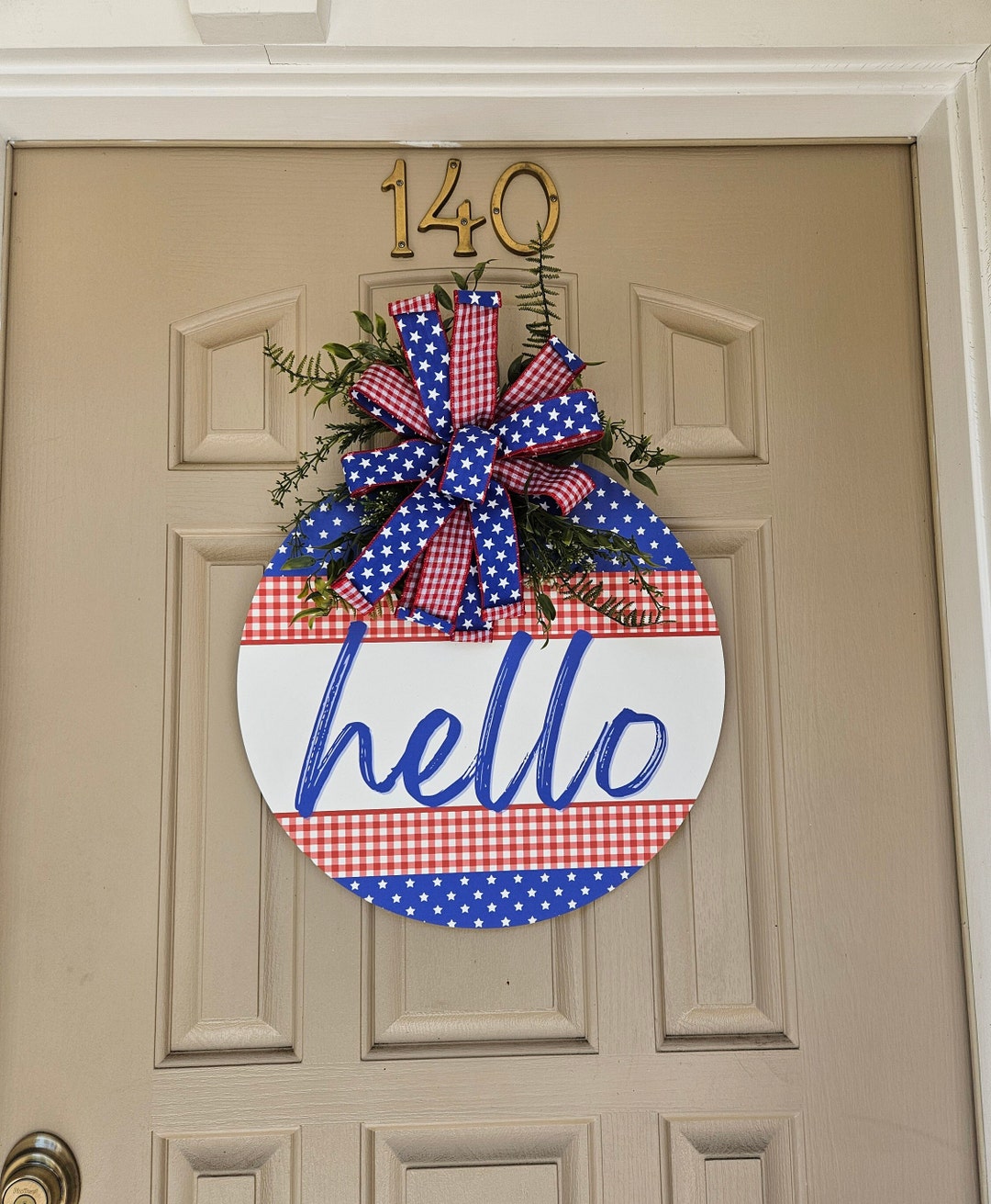 Patriotic Hello Door Hanger, Red White Blue Round Sign With Stars and ...