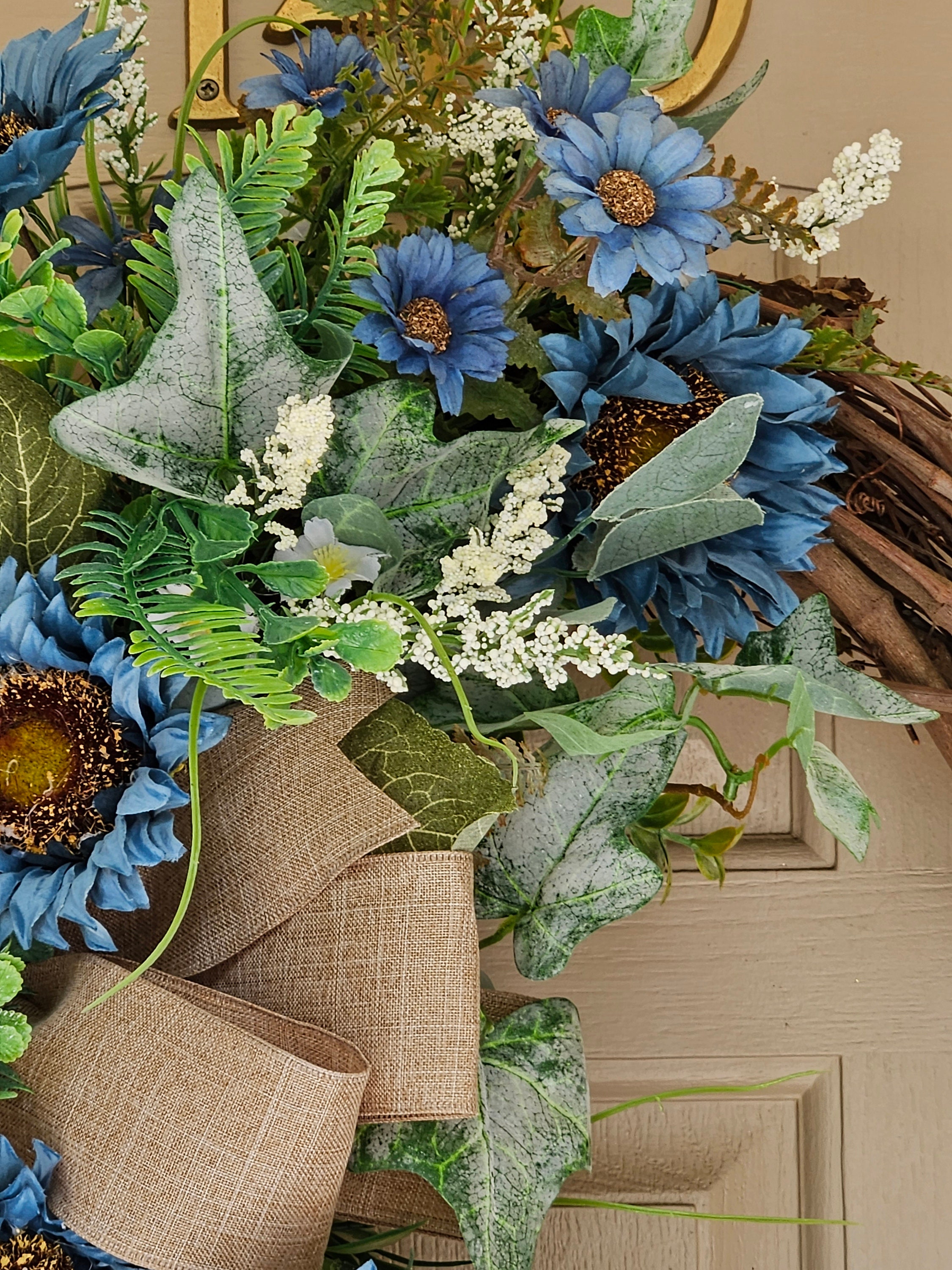 Smoke Blue Sunflower Wreath, Rustic Grapevine Door Wreath With Burlap ...