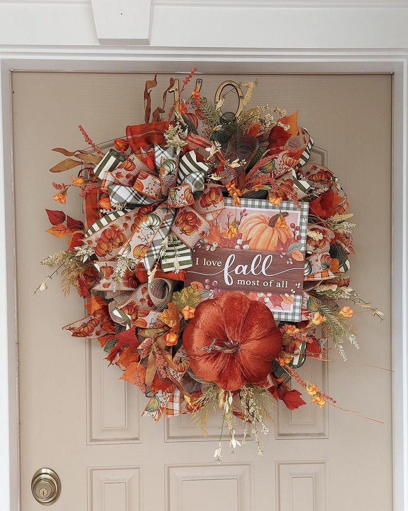 Fall Pumpkin Wreath, Front Door Decor, Autumn Door Hanger, Farmhouse ...