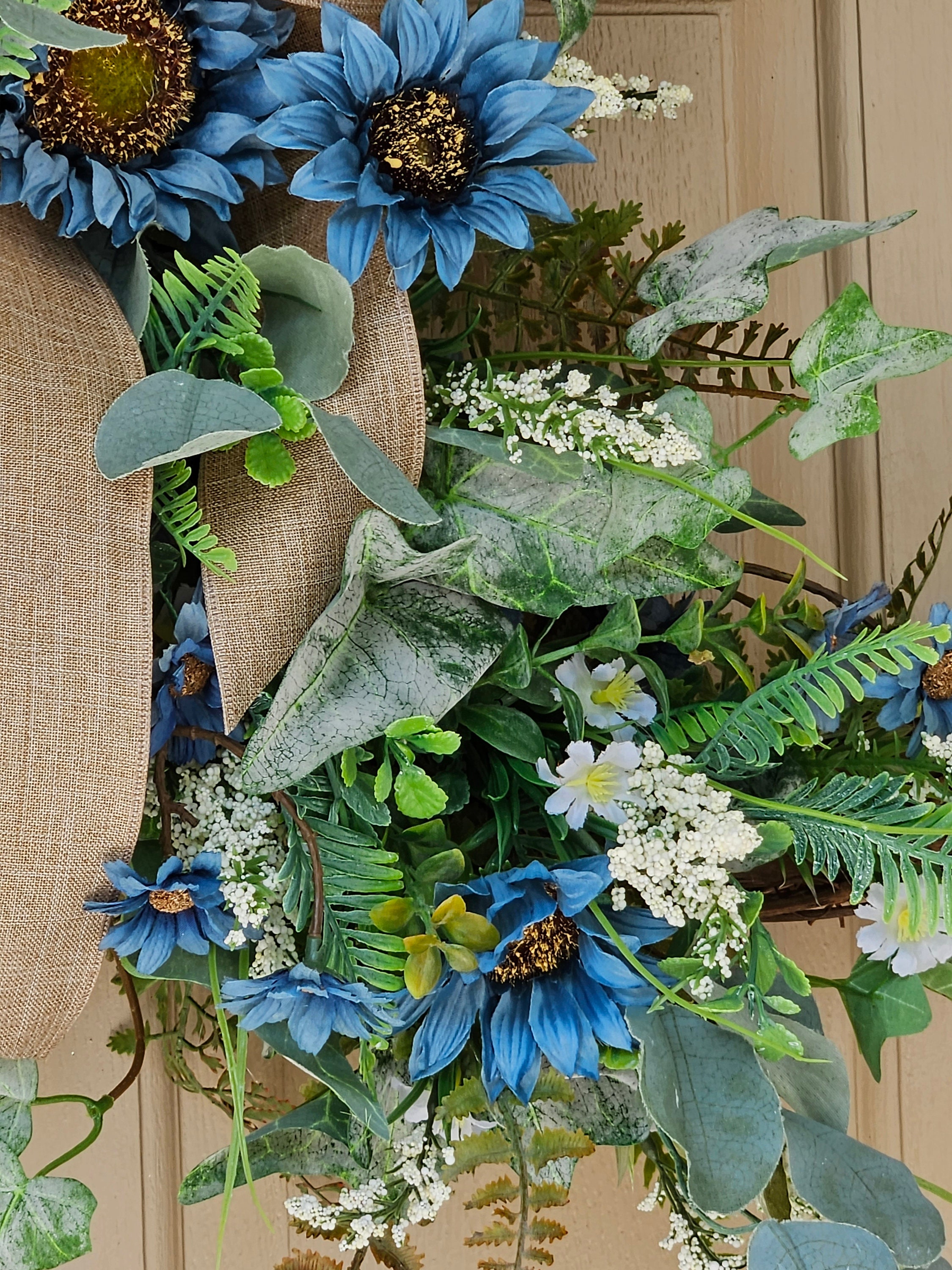 Smoke Blue Sunflower Wreath, Rustic Grapevine Door Wreath With Burlap ...
