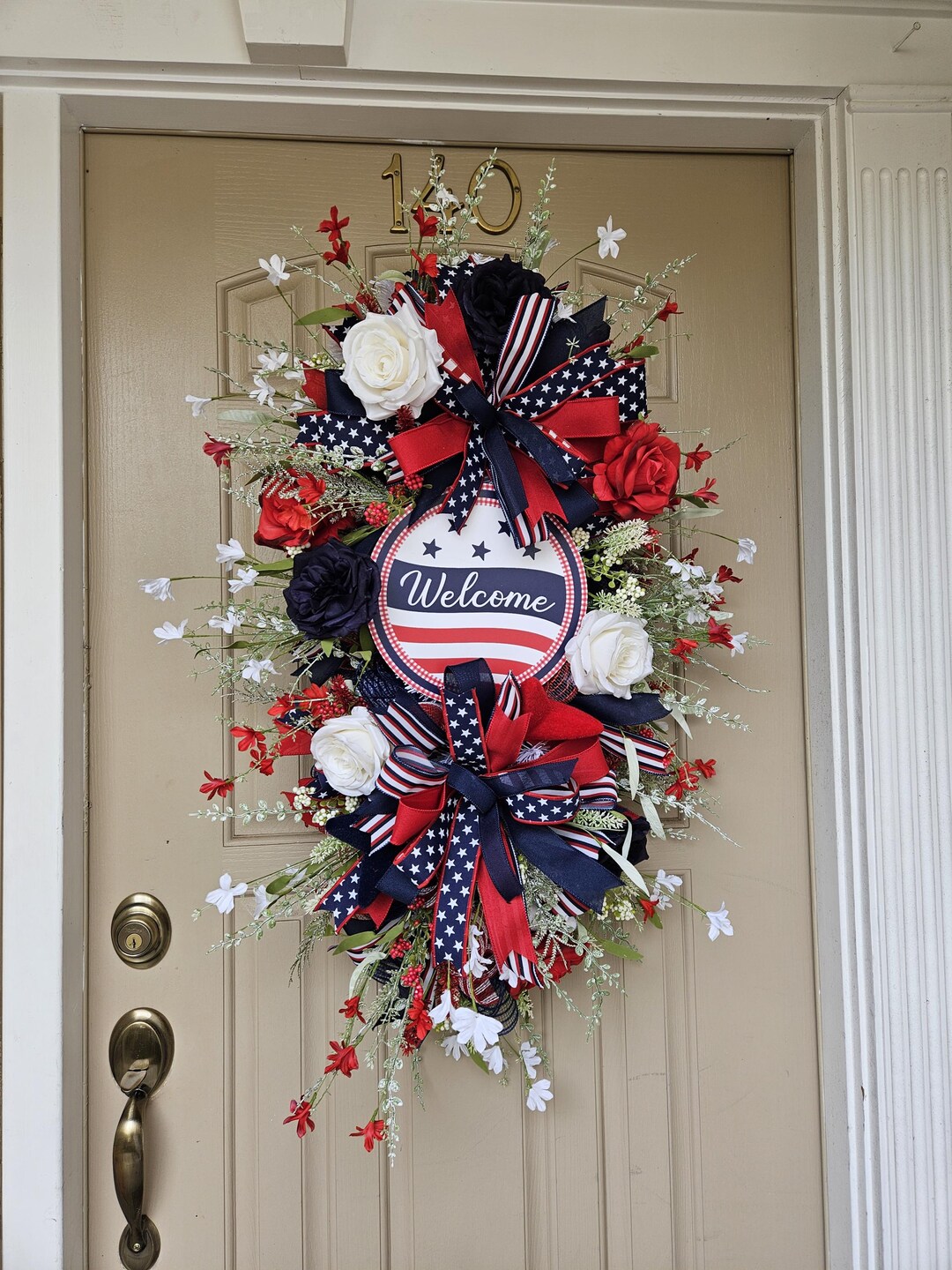 Patriotic Door Swag: Red White Blue Floral Wreath, Americana Welcome ...