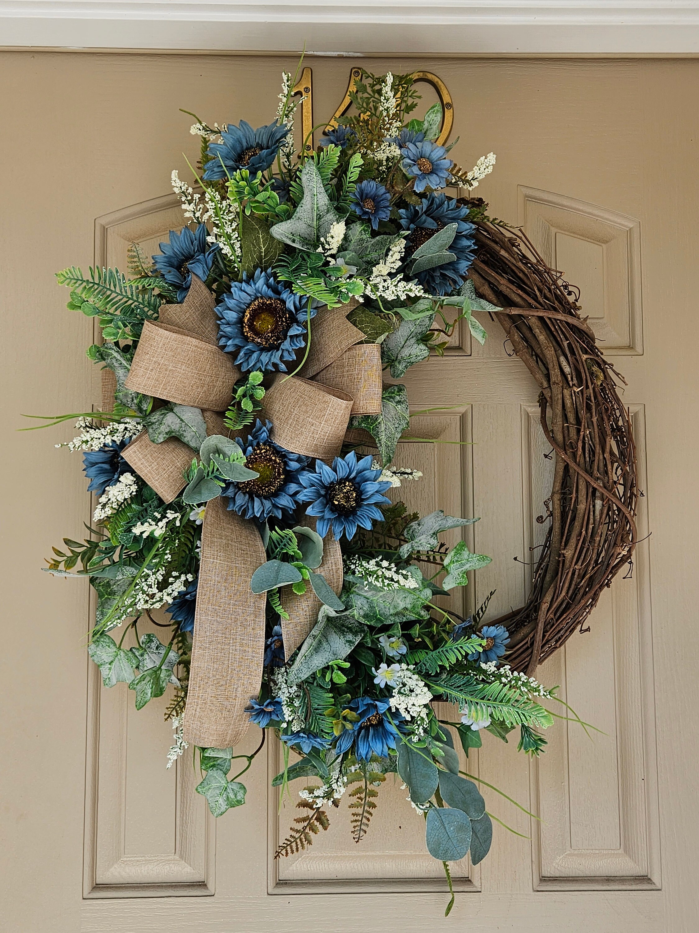 Smoke Blue Sunflower Wreath, Rustic Grapevine Door Wreath With Burlap ...