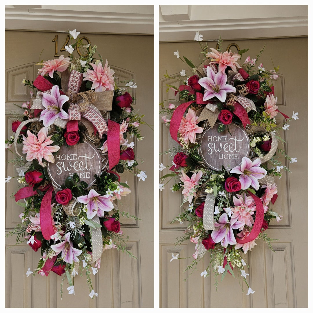 Handmade Home Sweet Home Double Door Swags, Floral Entryway Decor, Pink ...