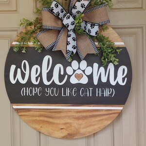 Cat-themed Welcome Door Hanger - Rustic Round Sign With Paw Prints and ...