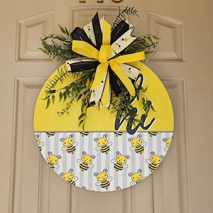 Bee Door Hanger Hi Sign, Bumblebee Welcome Wreath, Yellow Black Front ...