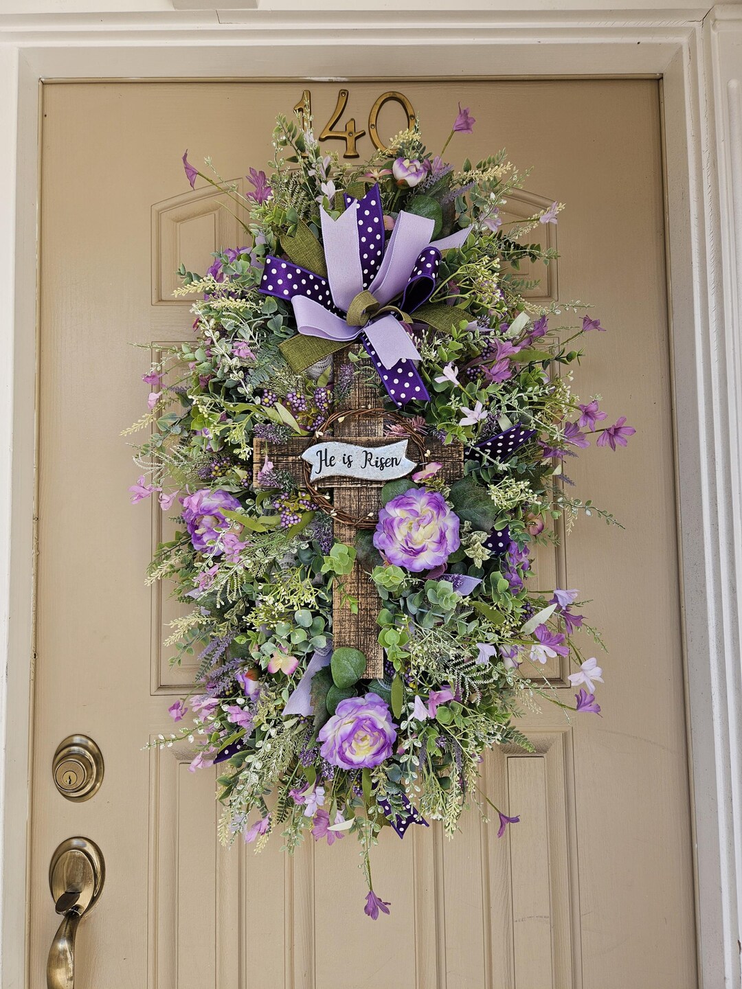 He is Risen Easter Cross Swag, Christian Front Door Wreath, Purple ...