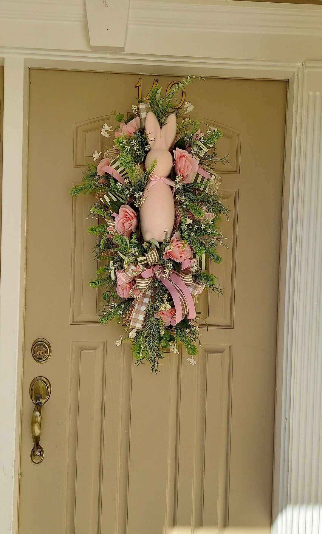 Handmade Easter Bunny Swag, Pink and Green Floral Door Decoration ...